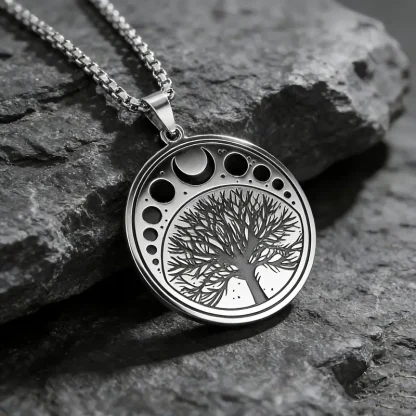Silvery Tree of Life Pendant with Moon Phases - Charmed By Nature